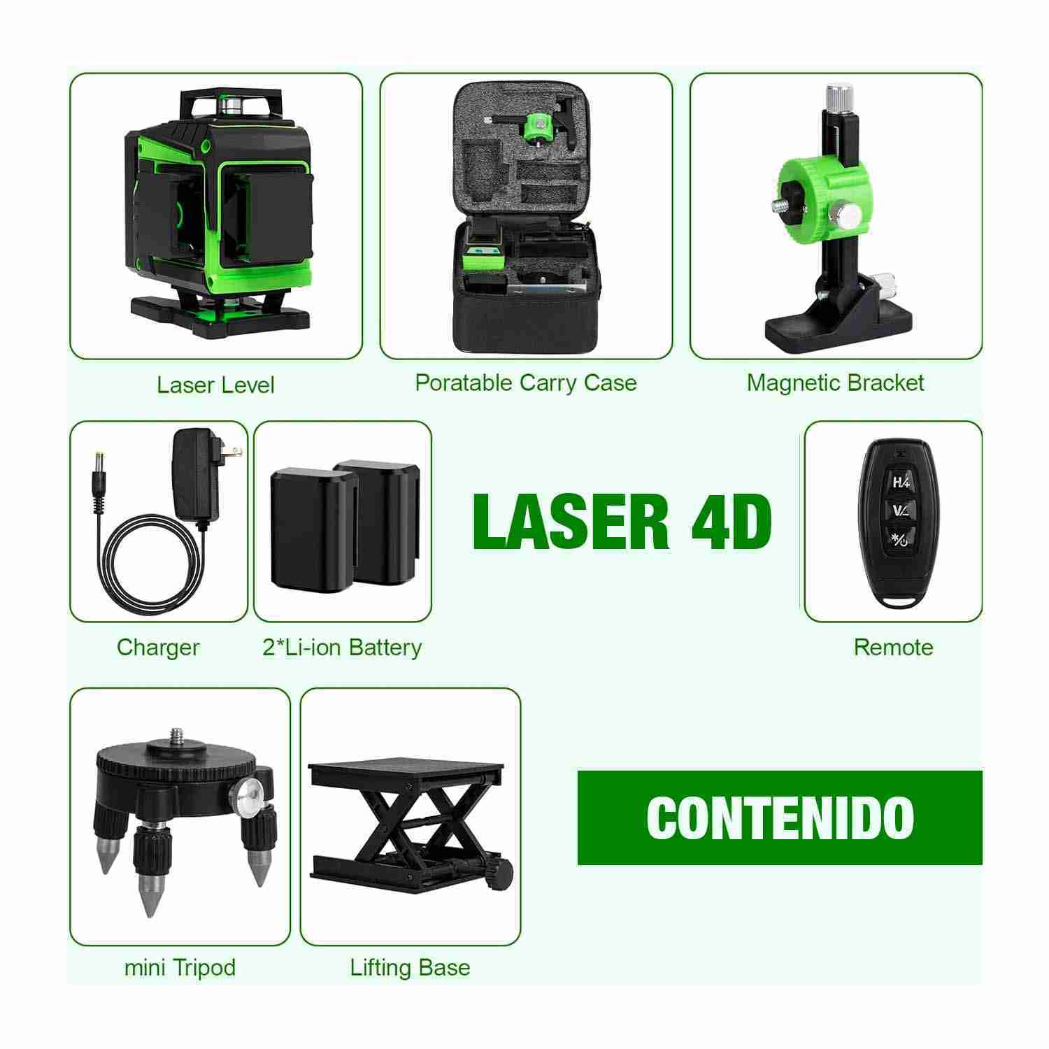 NIVEL LÁSER 4D 16 LÍNEAS VERDE MULTIUSO LENTE 2BATERÍAS - Importaciones Hibrida Tienda Oficial