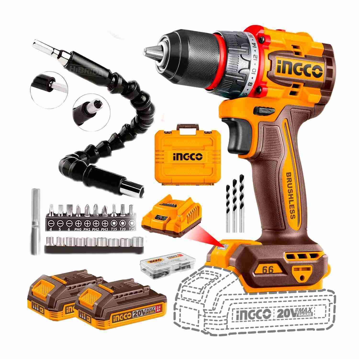 TALADRO PERCUTOR INALÁMBRICO 20V BRUSHLESS+ EXTENSOR FLEXIBLE 21ACCS ...