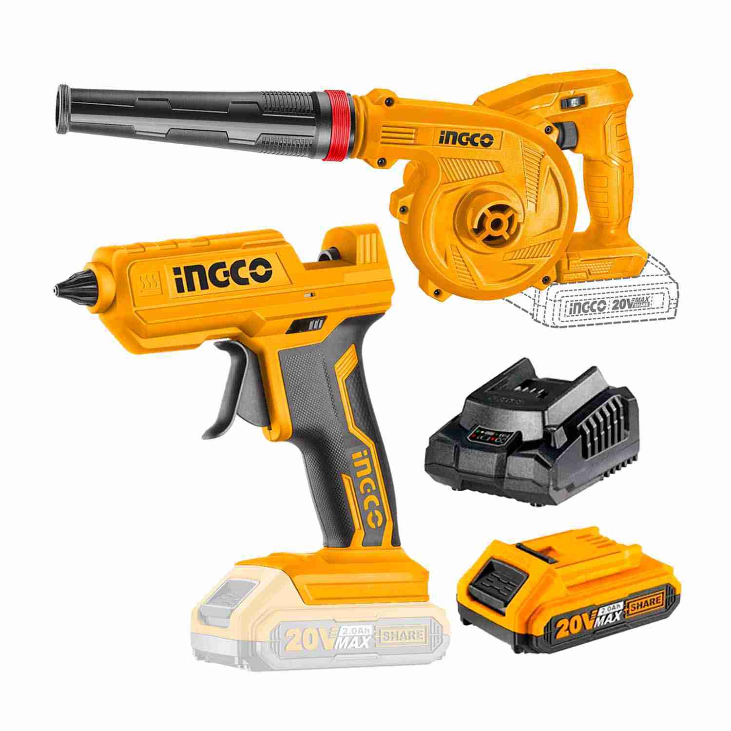 SOPLADOR INALÁMBRICO + PISTOLA SILICONA 20V INGCO + 1 BAT ...